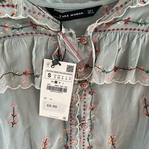 Zara | Tops | Zara Sage Embroidered Ruffle Blouse | Poshmark